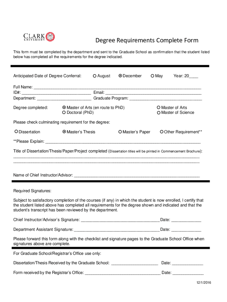 Fillable Online news clarku Degree Requirements Complete Form.docx Fax ...