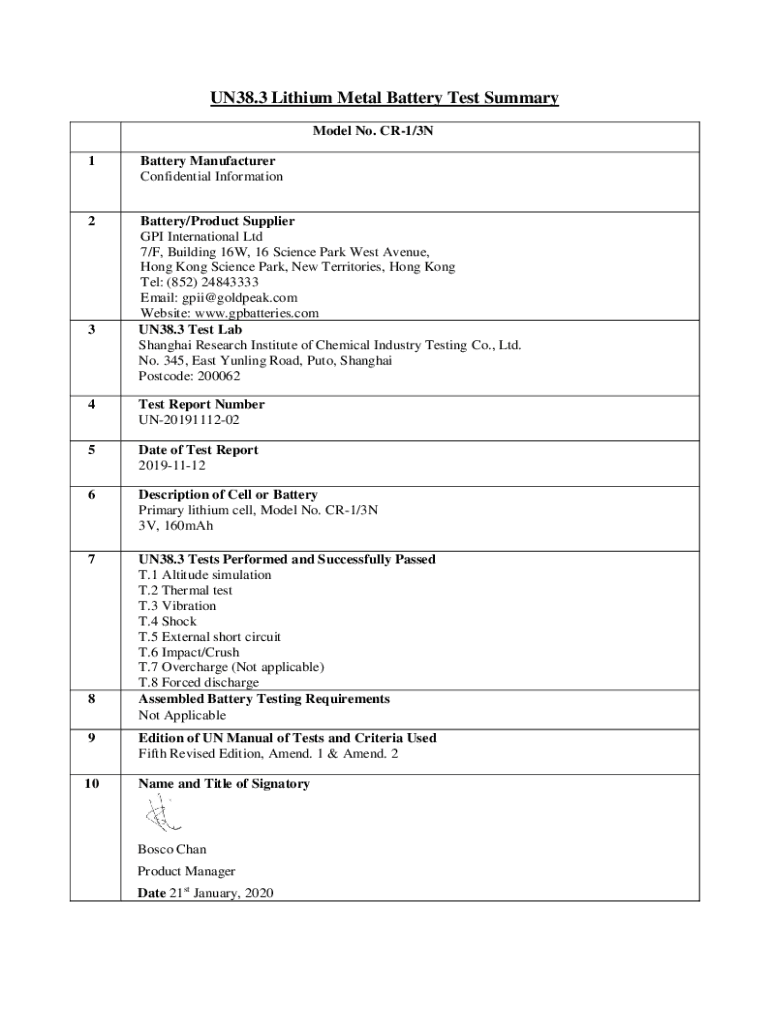 Fillable Online UN38.3 Lithium Metal Battery Test Summary Fax Email ...