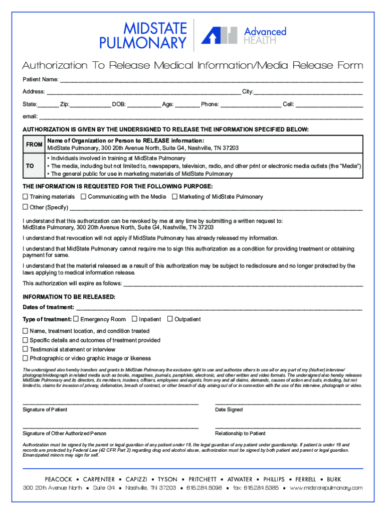 Fillable Online Authorization To Release Medical Information/Media ... Fax Email Print - pdfFiller