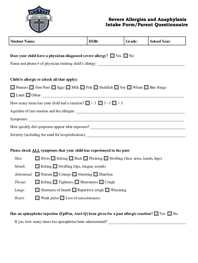 Fillable Online Severe Allergies and Anaphylaxis Health Intake Form Fax ...