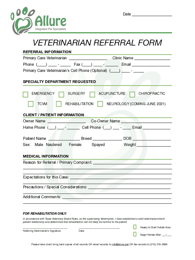 Fillable Online VETERINARIAN REFERRAL FORM Fax Email Print - pdfFiller