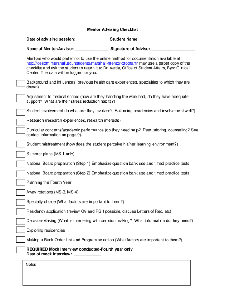 Fillable Online Mentor Advising Checklist Fax Email Print - pdfFiller