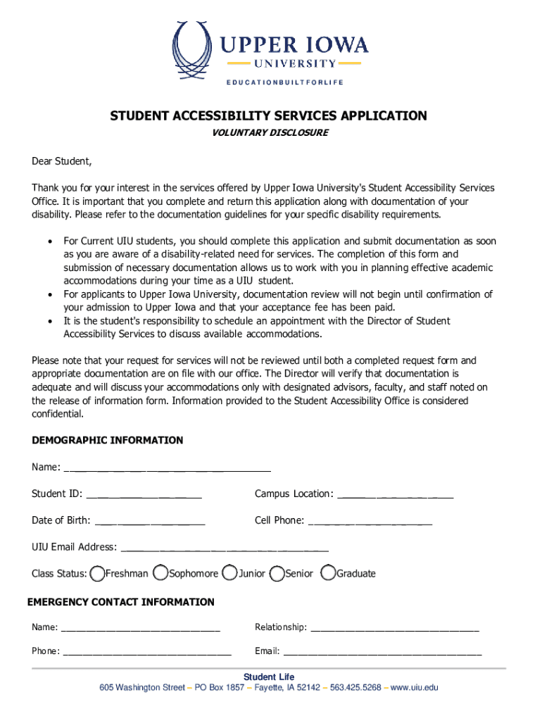 Fillable Online STUDENT ACCESSIBILITY SERVICES APPLICATION Fax Email Print - pdfFiller