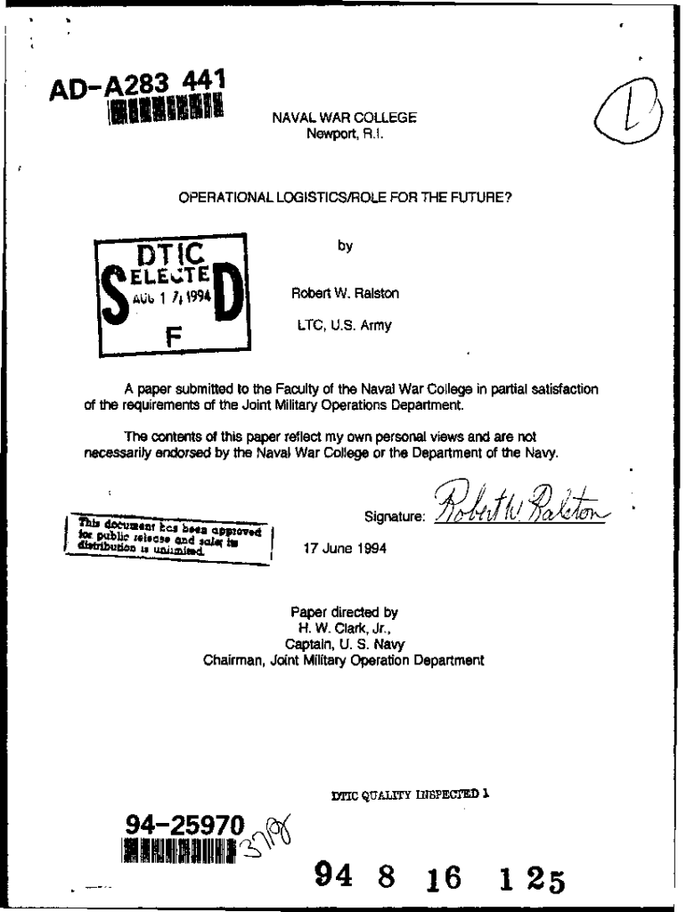 Fillable Online Operational Logistics/Role for the Future. The Army is ...