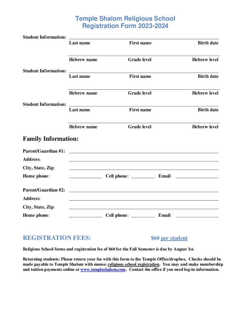 Fillable Online Temple Shalom Religious School Registration Form 2023 ...