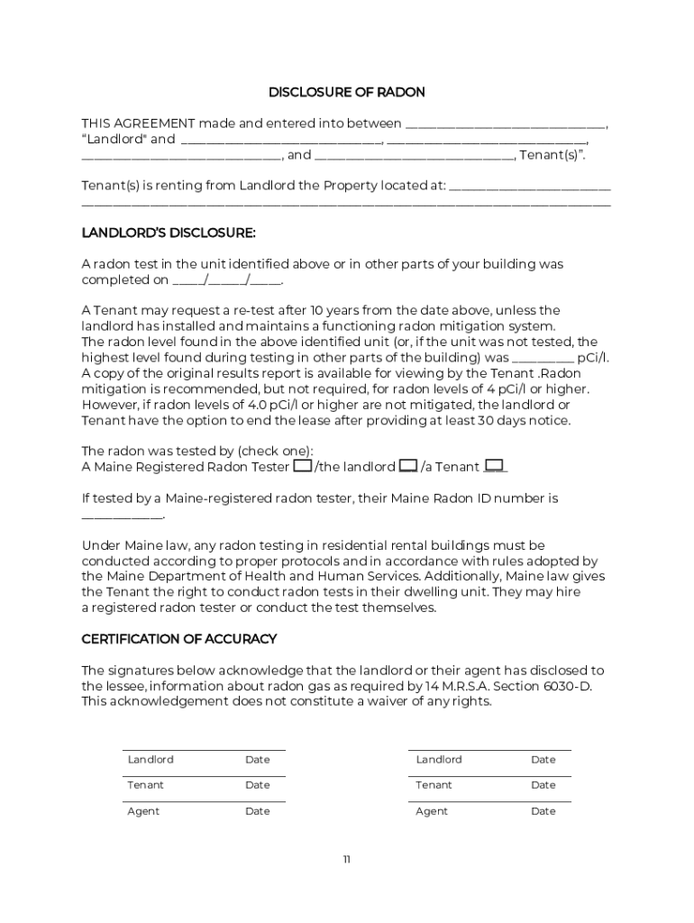 Fillable Online Landlords Disclosure To Tenants Of Radon Gas Hazards ...