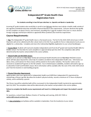 Fillable Online Independent 8th Grade Health Class Registration Form ...