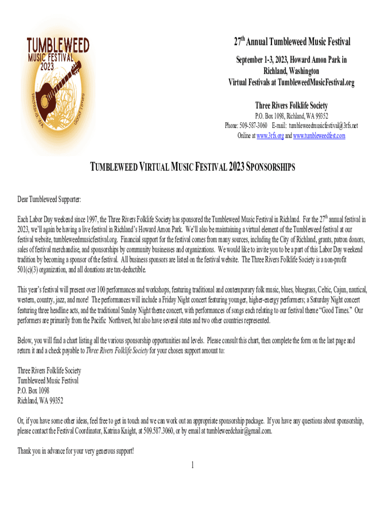 Fillable Online About Festival - Tumbleweed Music Festival Fax Email ...