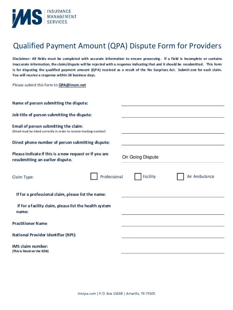 Fillable Online Qualified Payment Amount (QPA) Dispute Form for ...