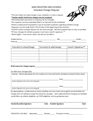 Fillable Online SAM HOUSTON HIGH SCHOOL Schedule Change Request Fax ...