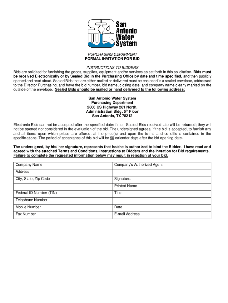 Fillable Online PURCHASING DEPARMENT FORMAL INVITATION FOR BID ... Fax Email Print - pdfFiller