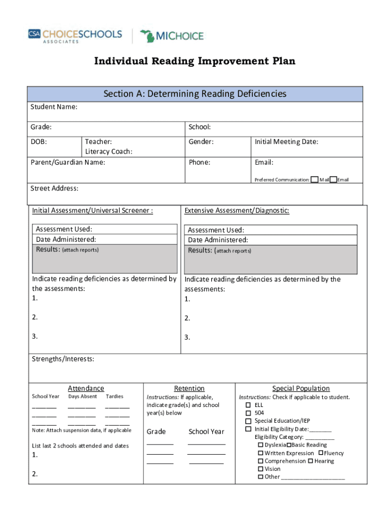 Fillable Online Reading Improvement Plan Template v.1.2 Fax Email Print ...