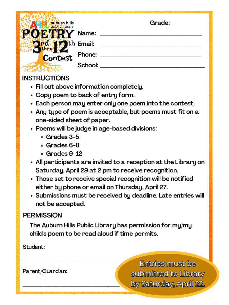 Fillable Online Poetry Entry Form Fax Email Print - pdfFiller