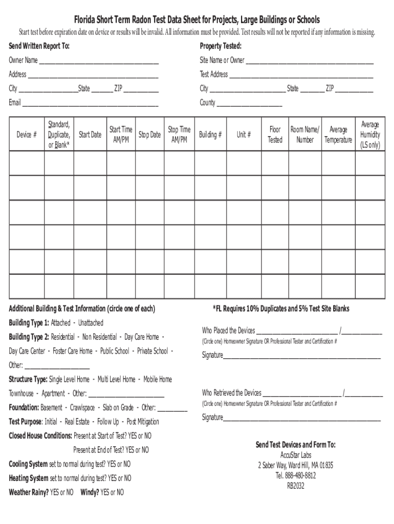 Fillable Online Short Term Radon Test Data Sheet Fax Email Print ...
