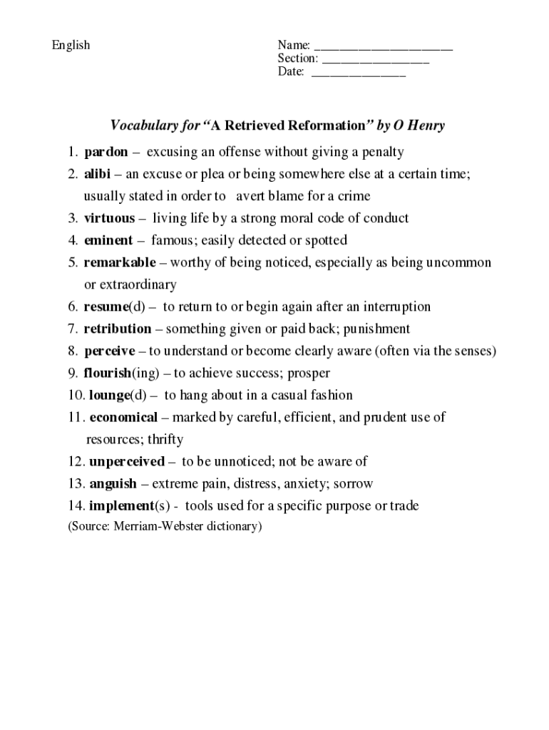 Fillable Online Vocabulary for A Retrieved Reformation by O Henry Fax ...