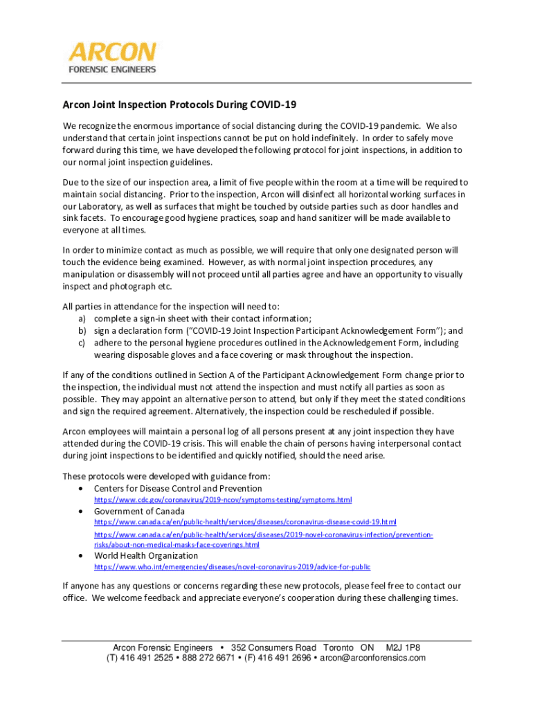 Fillable Online Arcon Joint Inspection Protocols During COVID-19 Fax ...