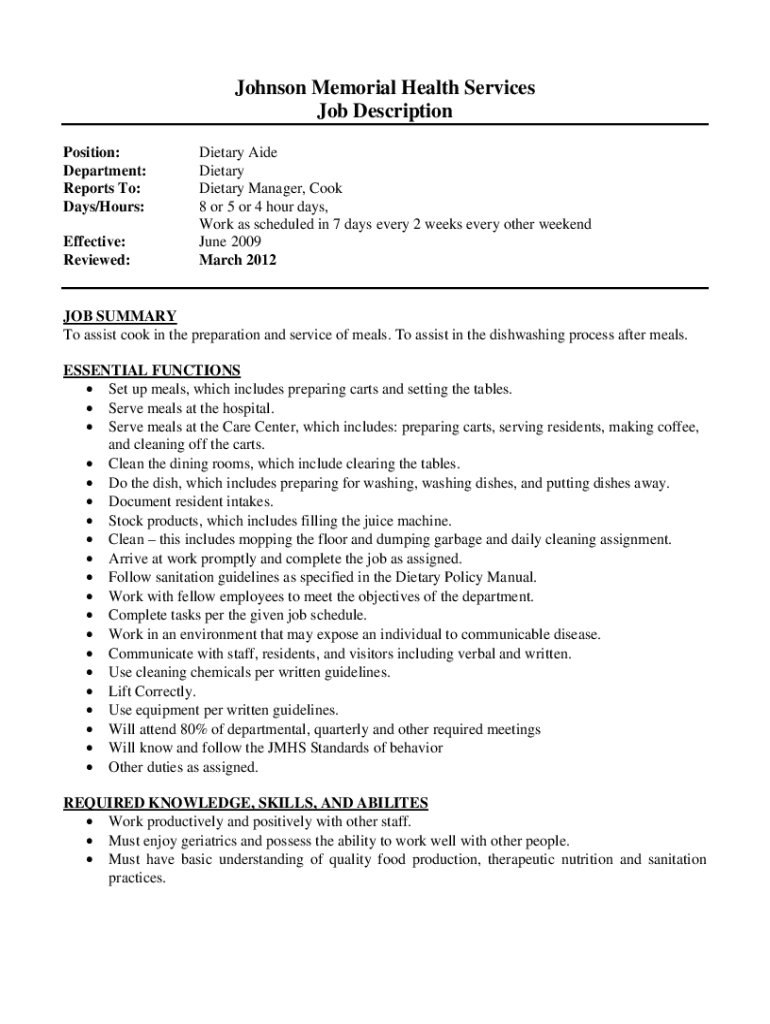 Fillable Online Dietary Aide Job Description Form-12 Fax Email Print ...