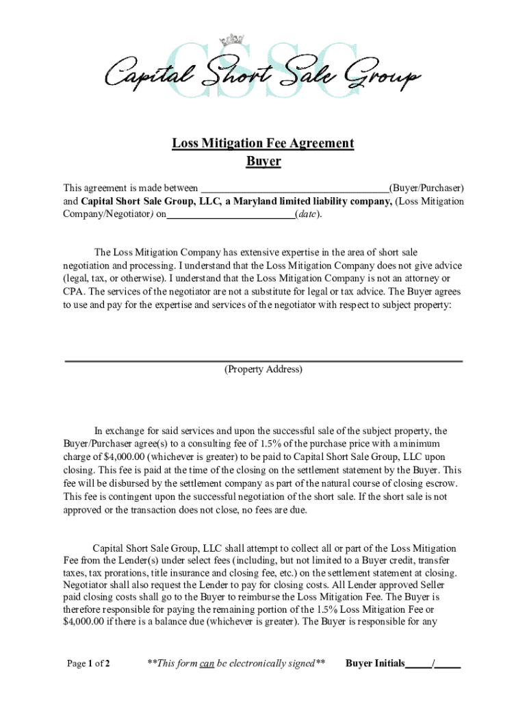 Fillable Online Loss Mitigation Fee Agreement Buyer Fax Email Print ...