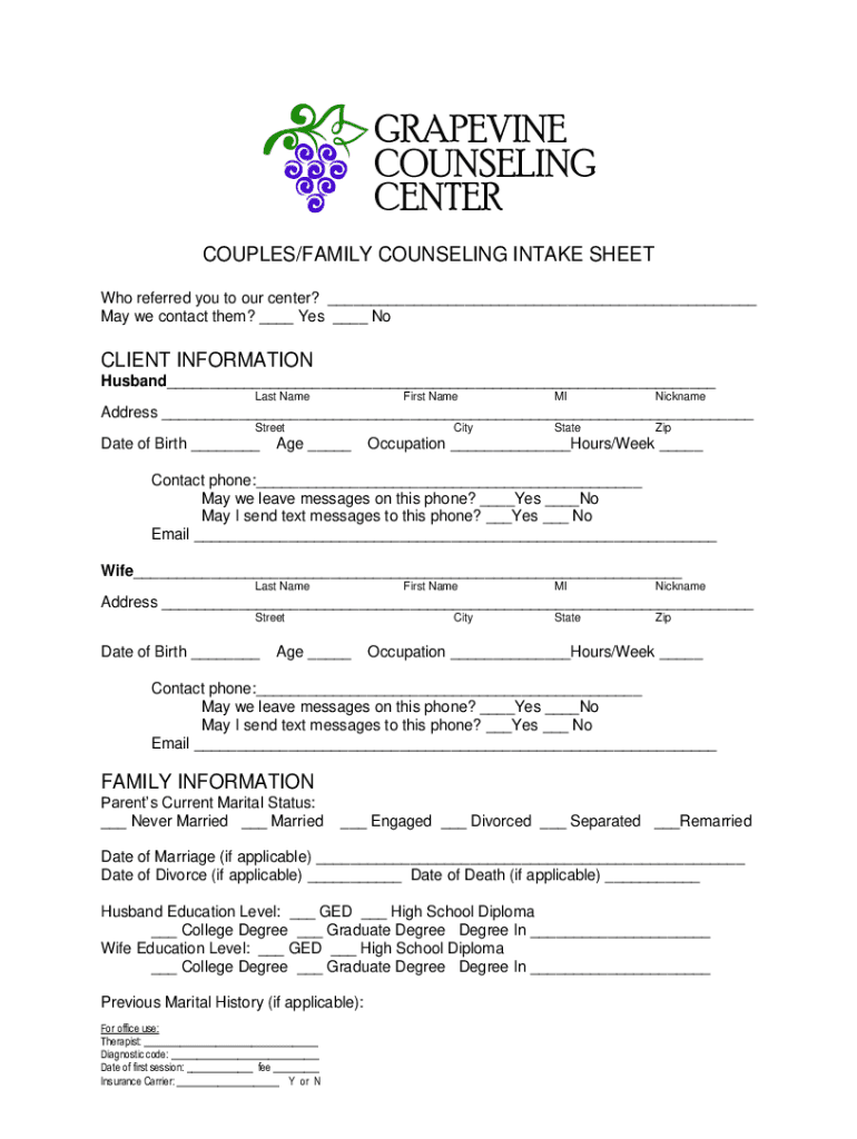 Fillable Online COUPLES/FAMILY COUNSELING INTAKE SHEET Fax Email Print - pdfFiller