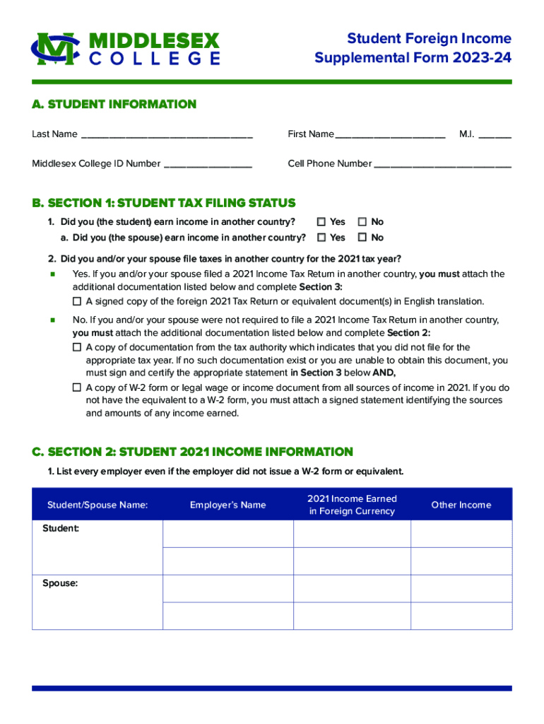 Fillable Online Student Foreign Income Supplemental Form Fax Email ...