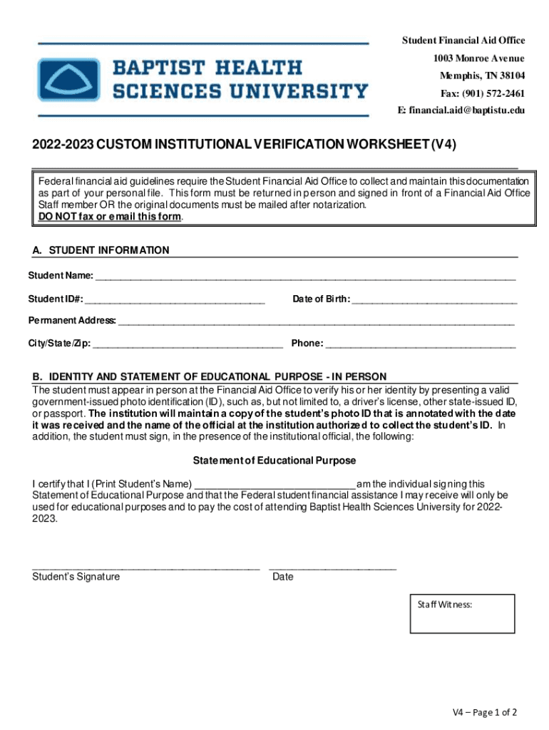 Fillable Online 2022-2023 CUSTOM INSTITUTIONAL VERIFICATION WORKSHEET ...