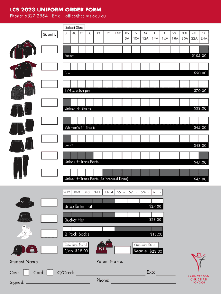 Fillable Online LCS 2023 UNIFORM ORDER FORM Fax Email Print - pdfFiller
