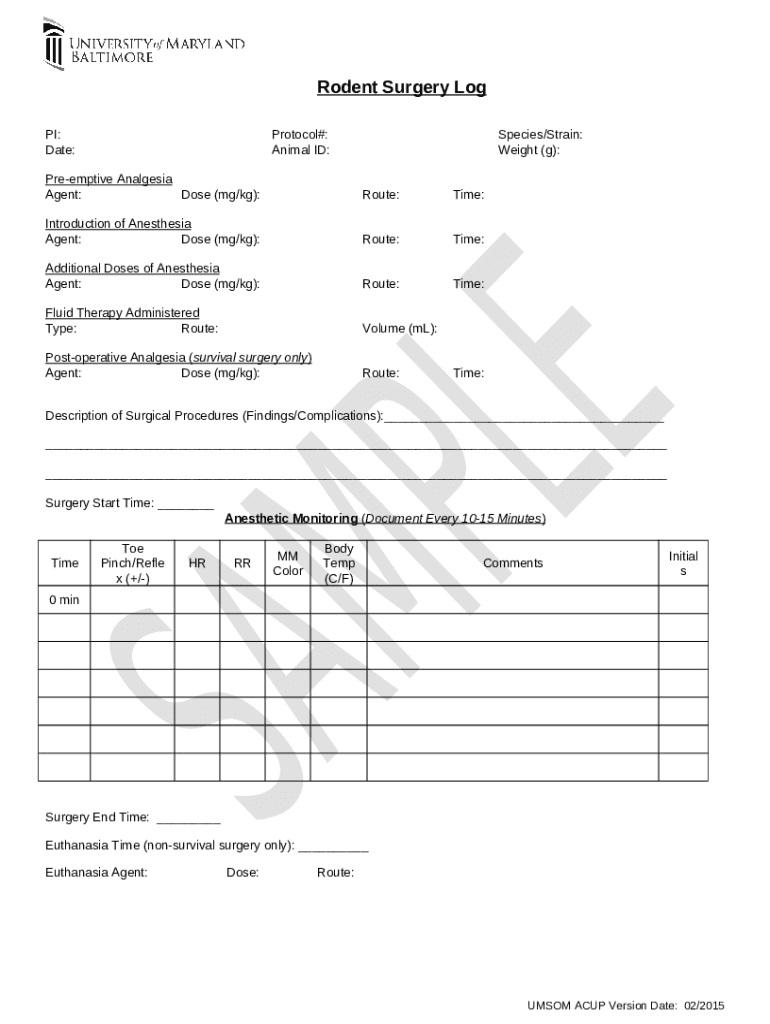 Rodent Post-operative Care/Observations Doc Template | pdfFiller
