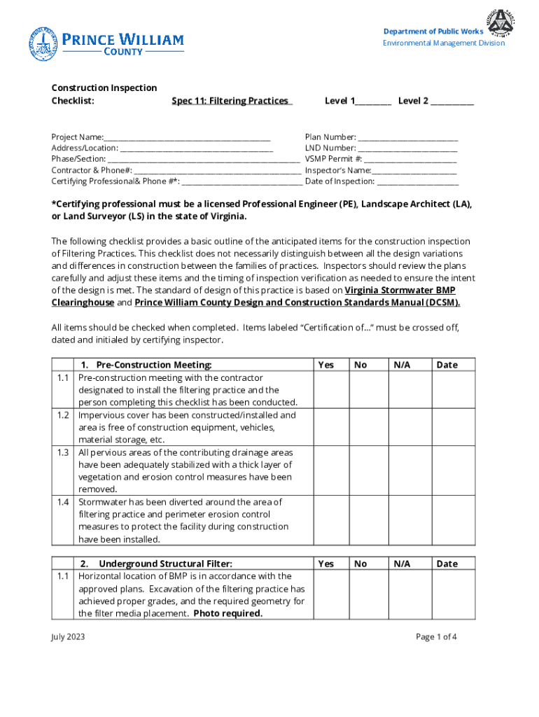Fillable Online Construction Inspection Checklist: Spec 8: Infiltration Level ... Fax Email ...