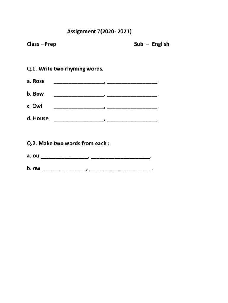 Fillable Online Prep Sub English Q 1 Write Two Rhyming Words A Rose 