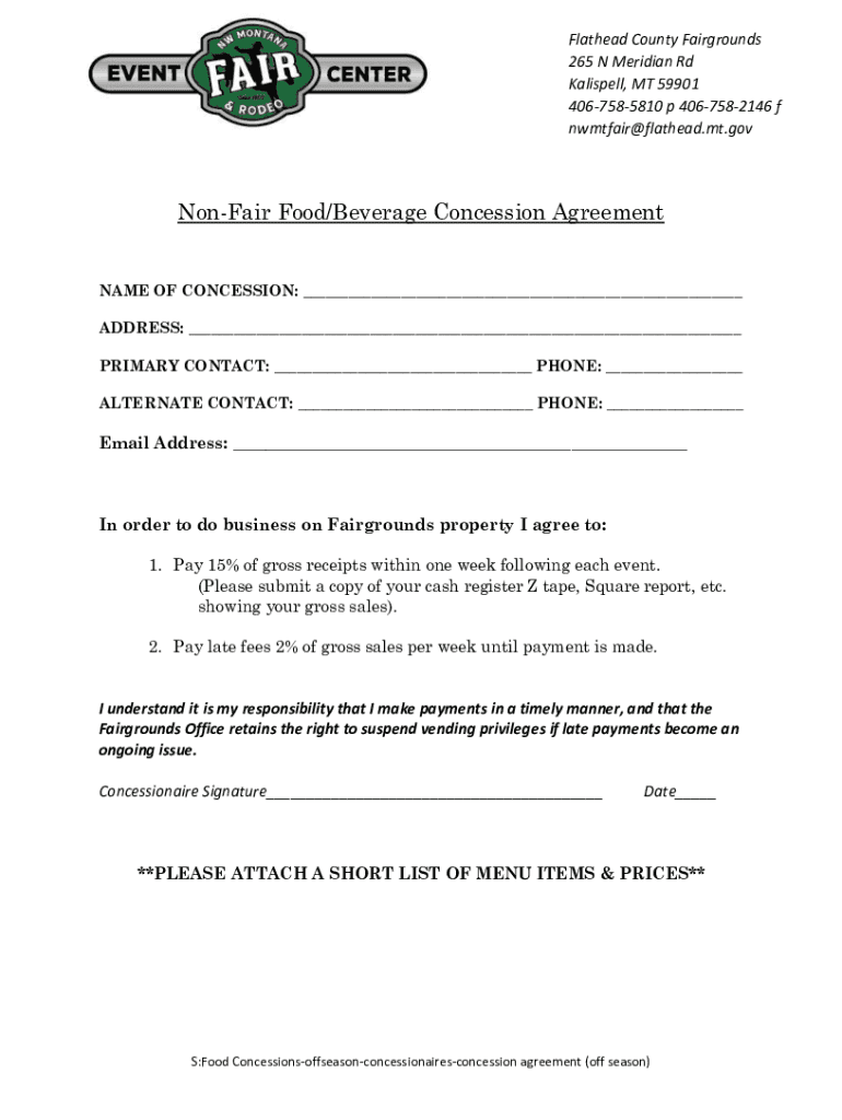 Fillable Online flathead mt Non-Fair Food/Beverage Concession Agreement ...