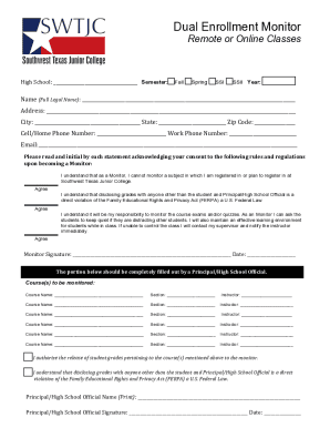 Fillable Online SWTJC Dual Enrollment Monitor Verification Form Fax ...