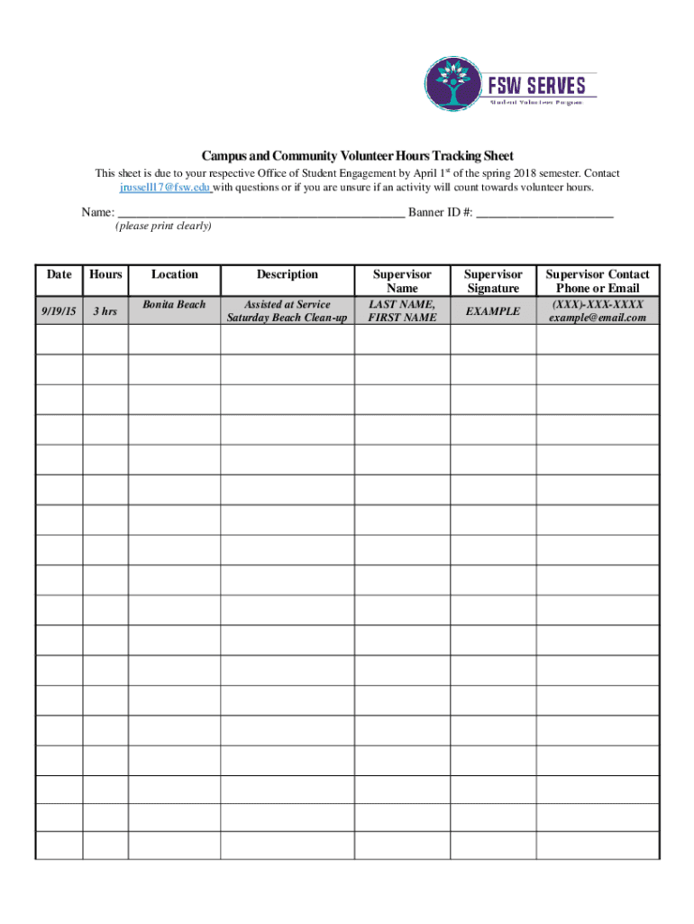 Fillable Online Campus and Community Volunteer Hours Tracking Sheet Fax ...