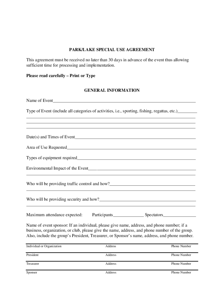 Fillable Online PARK/LAKE SPECIAL USE PERMIT APPLICATION Fax Email ...