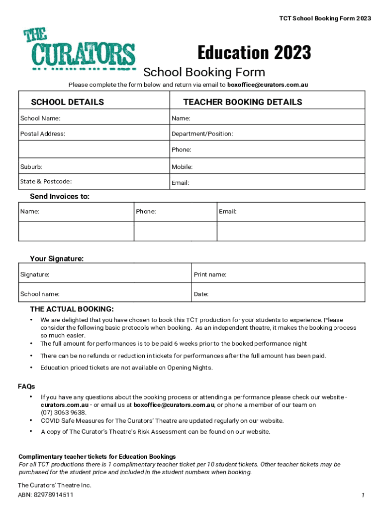 Fillable Online School booking form - Visit as a schoolThe Workshops ...