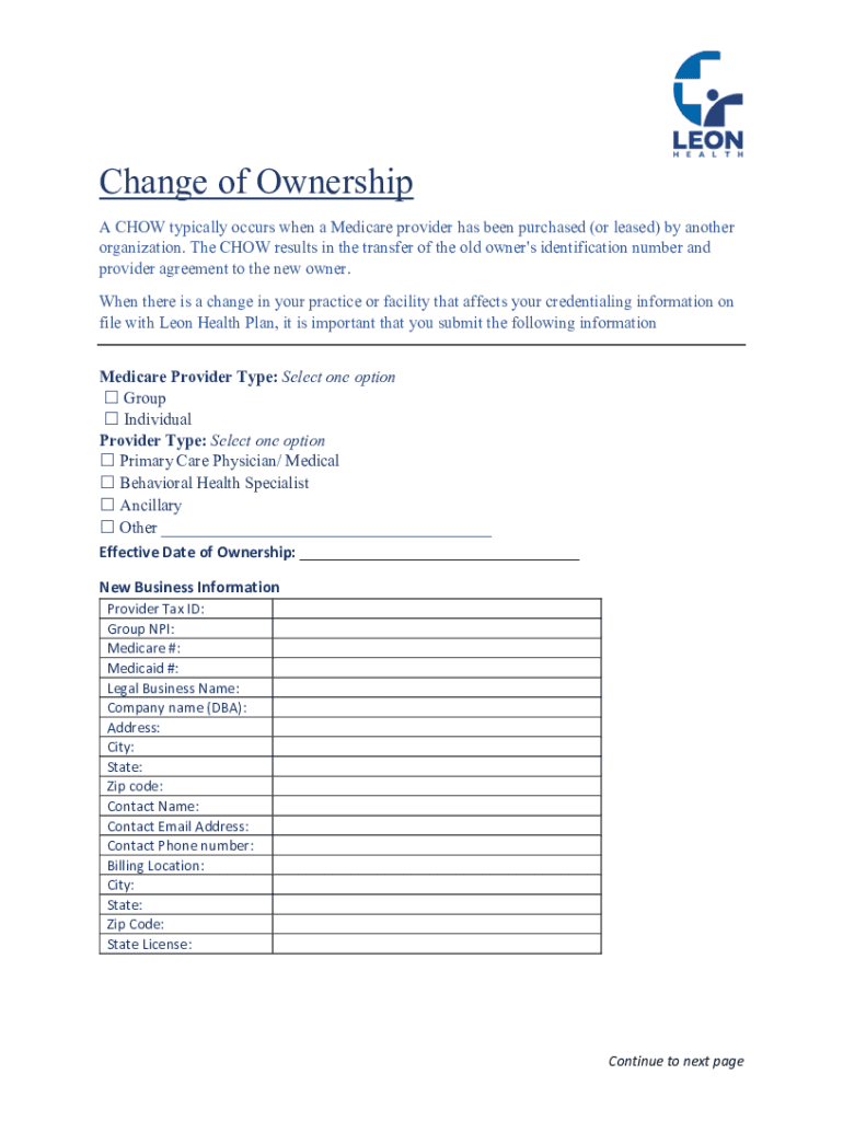Fillable Online change of ownership guidelines Medicare/State certified ...