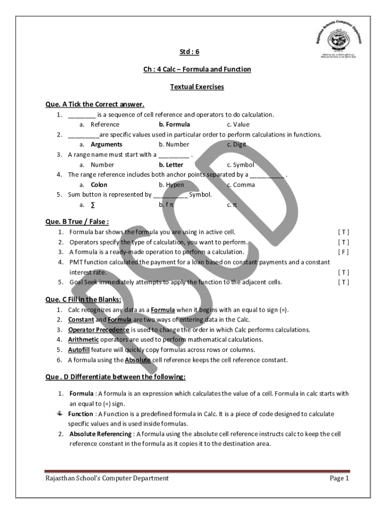 Fillable Online Std : 6 Ch : 4 CalcFormula and Function Textual Exercises ... Fax Email Print ...