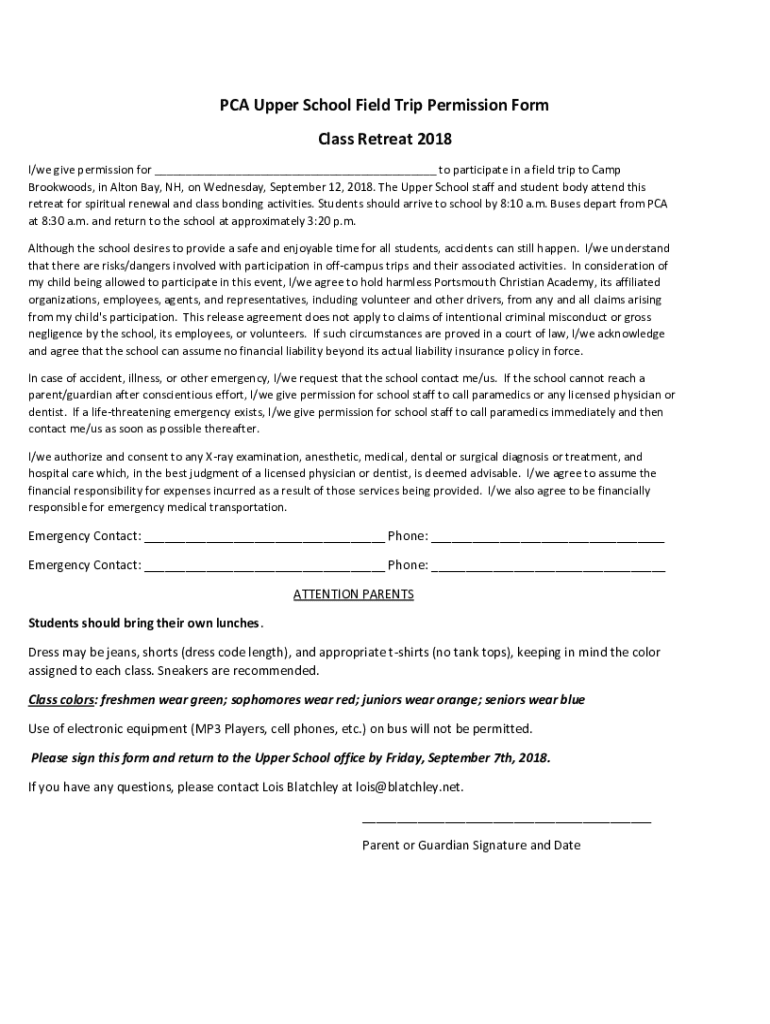 Fillable Online PCA Upper School Field Trip Permission Form Class ...