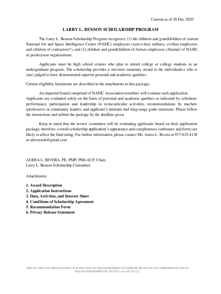 Fillable Online LARRY L. BENSON SCHOLARSHIP PROGRAM Fax Email Print ...