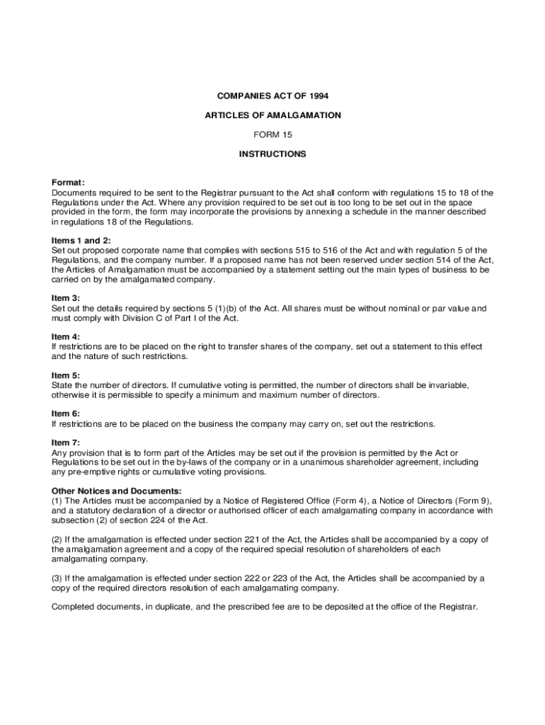 Fillable Online cipo gov Articles of Amalgamation - Form 14 Fax Email ...