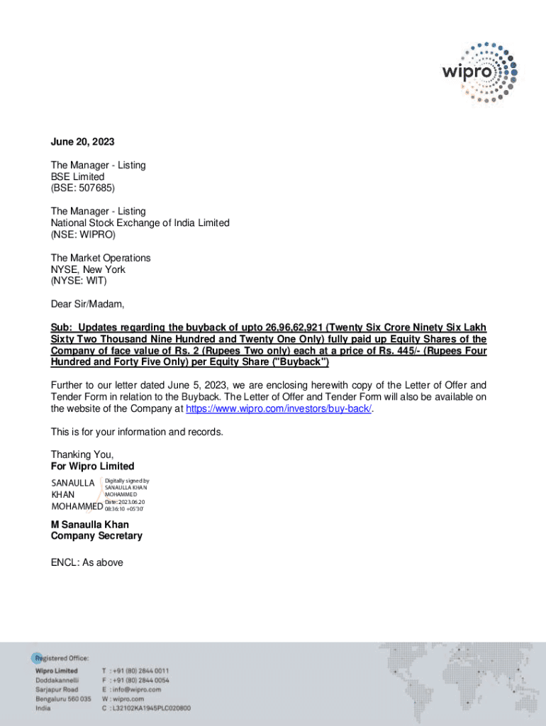 Fillable Online Letter of Offer-Wipro Ltd Fax Email Print - pdfFiller