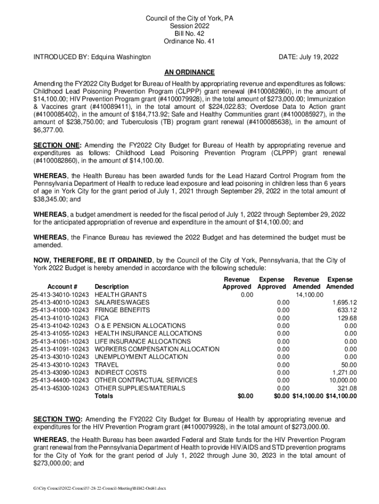 Fillable Online Amending the FY2022 City Budget for Bureau of Health by ...