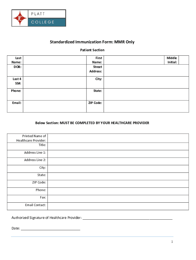 Fillable Online Platt Standardized Immunization Form: All Immunizations ...