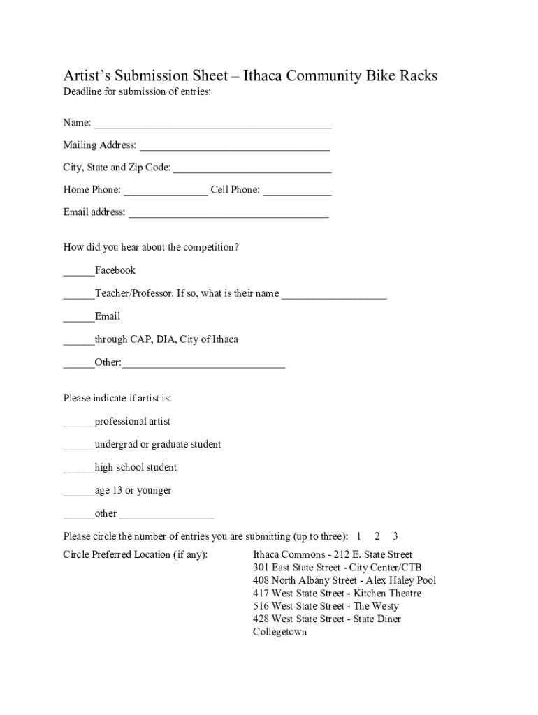 Fillable Online Artist's Submission SheetIthaca Community Bike Racks Fax Email Print - pdfFiller