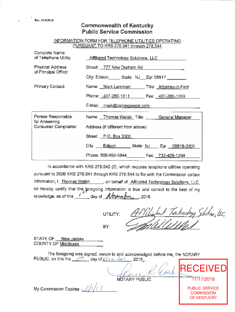 Fillable Online psc ky Information Form for Telephone Utilities ...