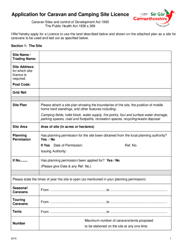 Fillable Online Application for Caravan and Camping Site Licence Fax ...