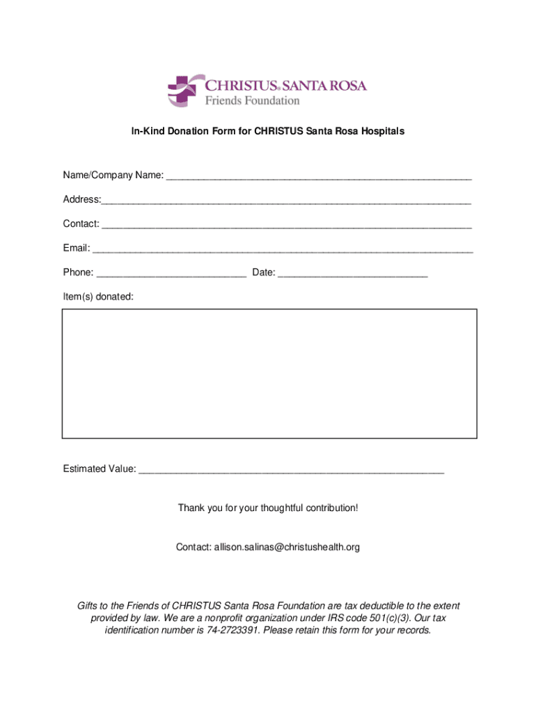 Fillable Online In-Kind Donation Form for CHRISTUS Santa Rosa Hospitals ...