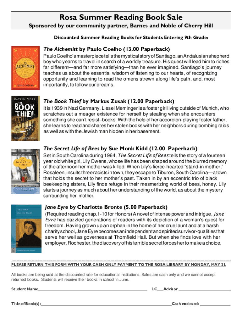 Fillable Online Rosa B&N Summer Reading Sale - Order Form - Incoming ...