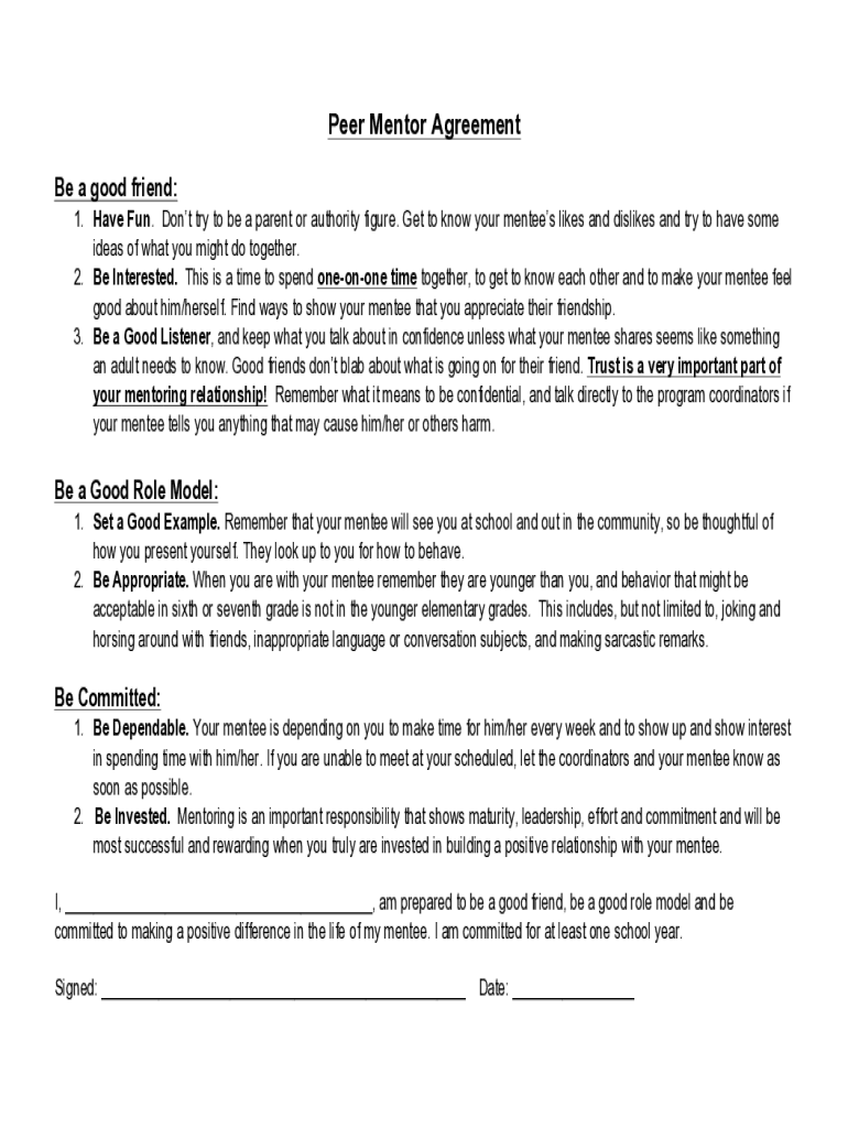 Fillable Online Peer Mentor Agreement Fax Email Print - pdfFiller