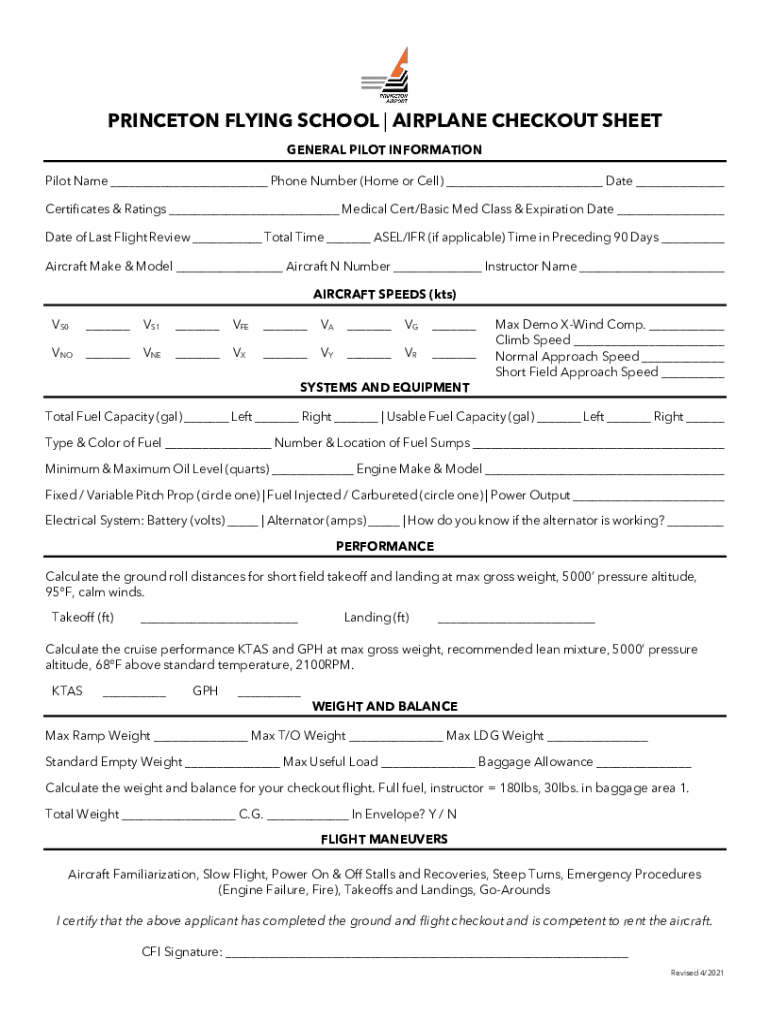 Fillable Online Princeton Flying School Airplane Checkout Sheet Fax ...