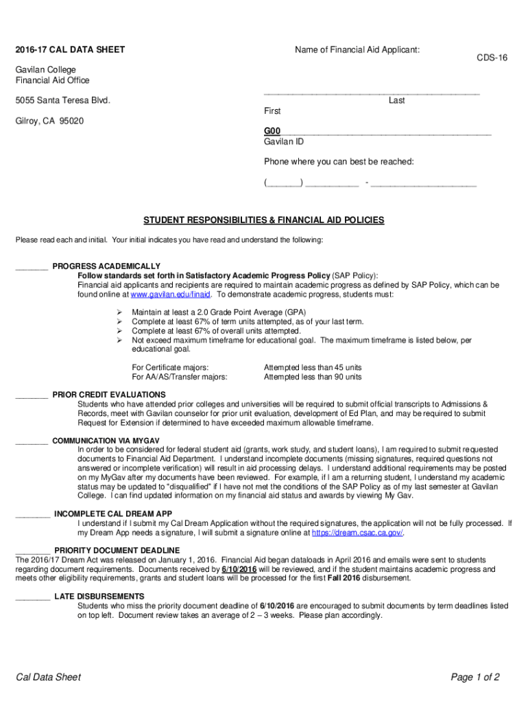 Fillable Online CAL Data Sheet 16-17 Fax Email Print - pdfFiller